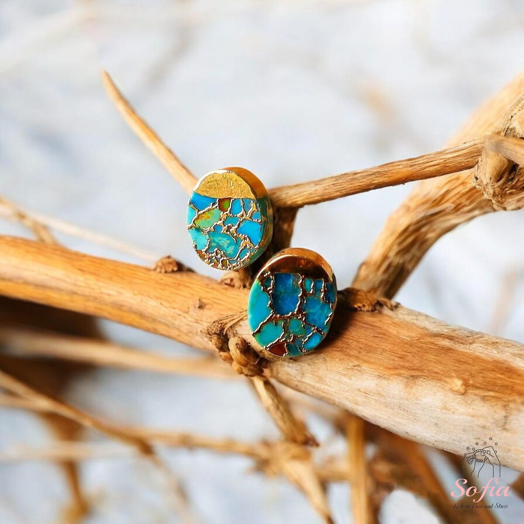 Turquoise Stone Stud Earrings - Natural Turquoise Gemstone Gold Earrings - Birthstone Post ...
