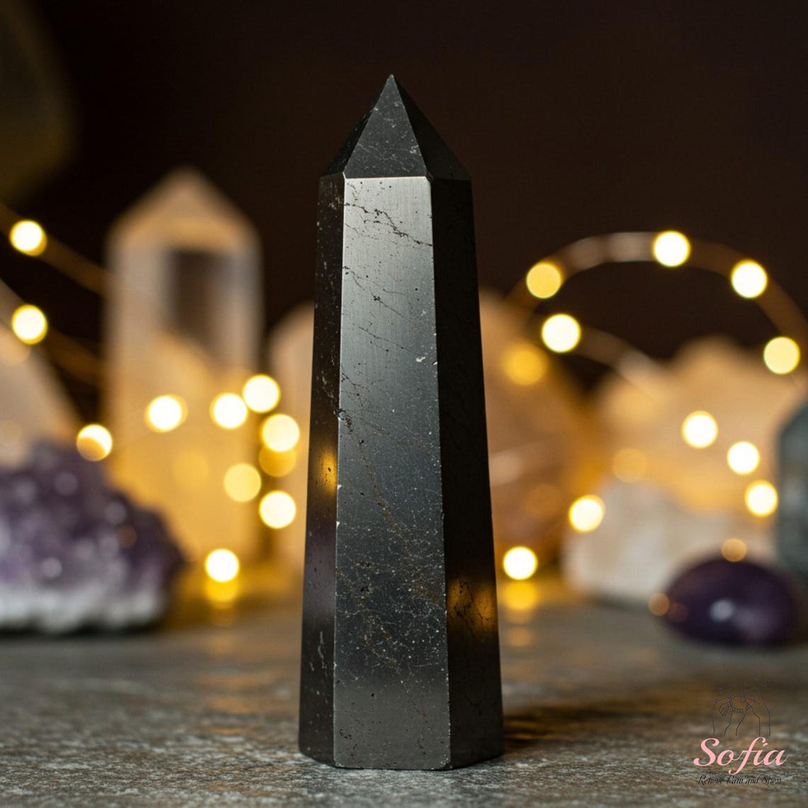 Shungite Tower - Black Gemstone Prism Single Point Crystal Tower Wand ...