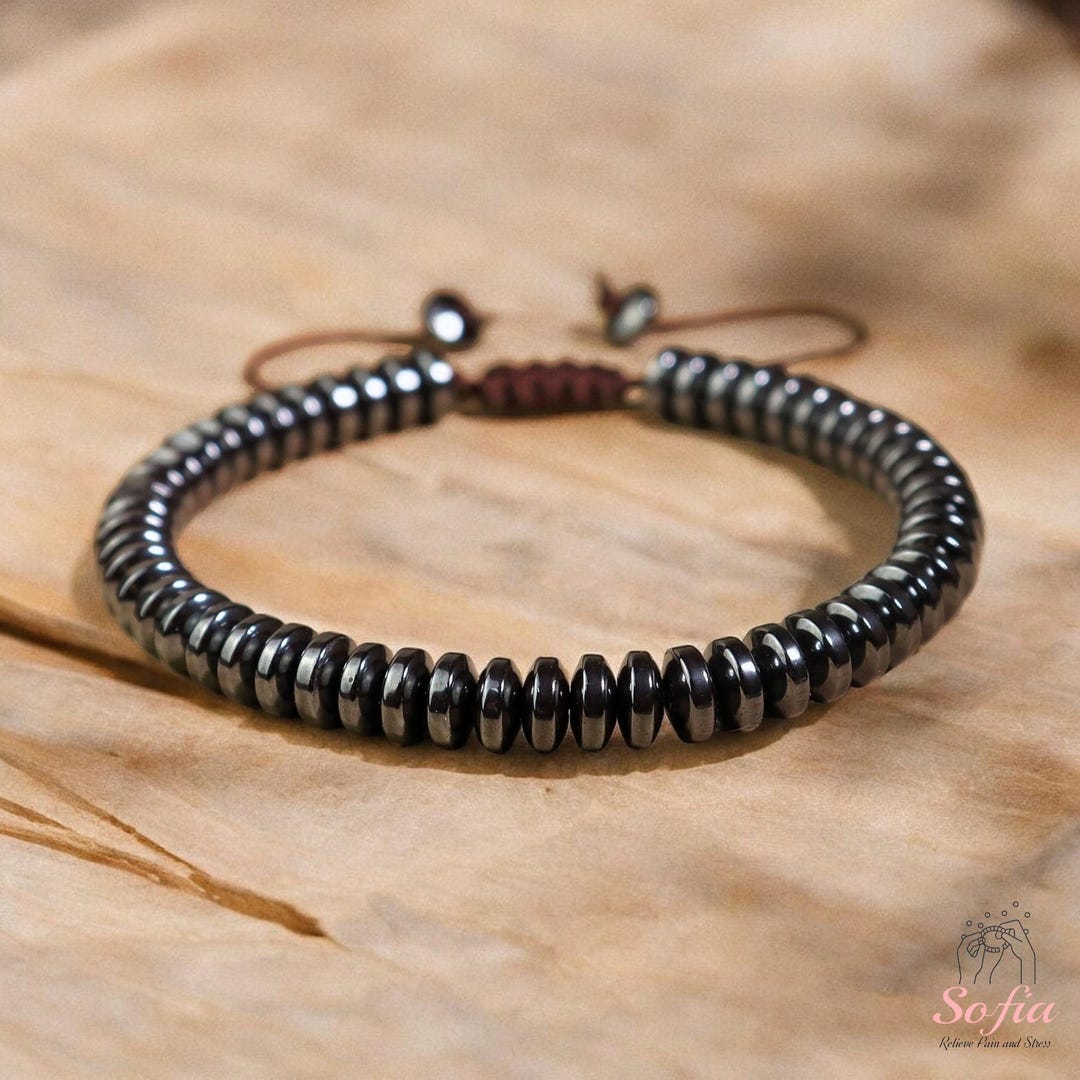 Natural Hematite Stone Bracelet - Hematite Stone Rondelle Bead Braided Bracelet - Healing ...