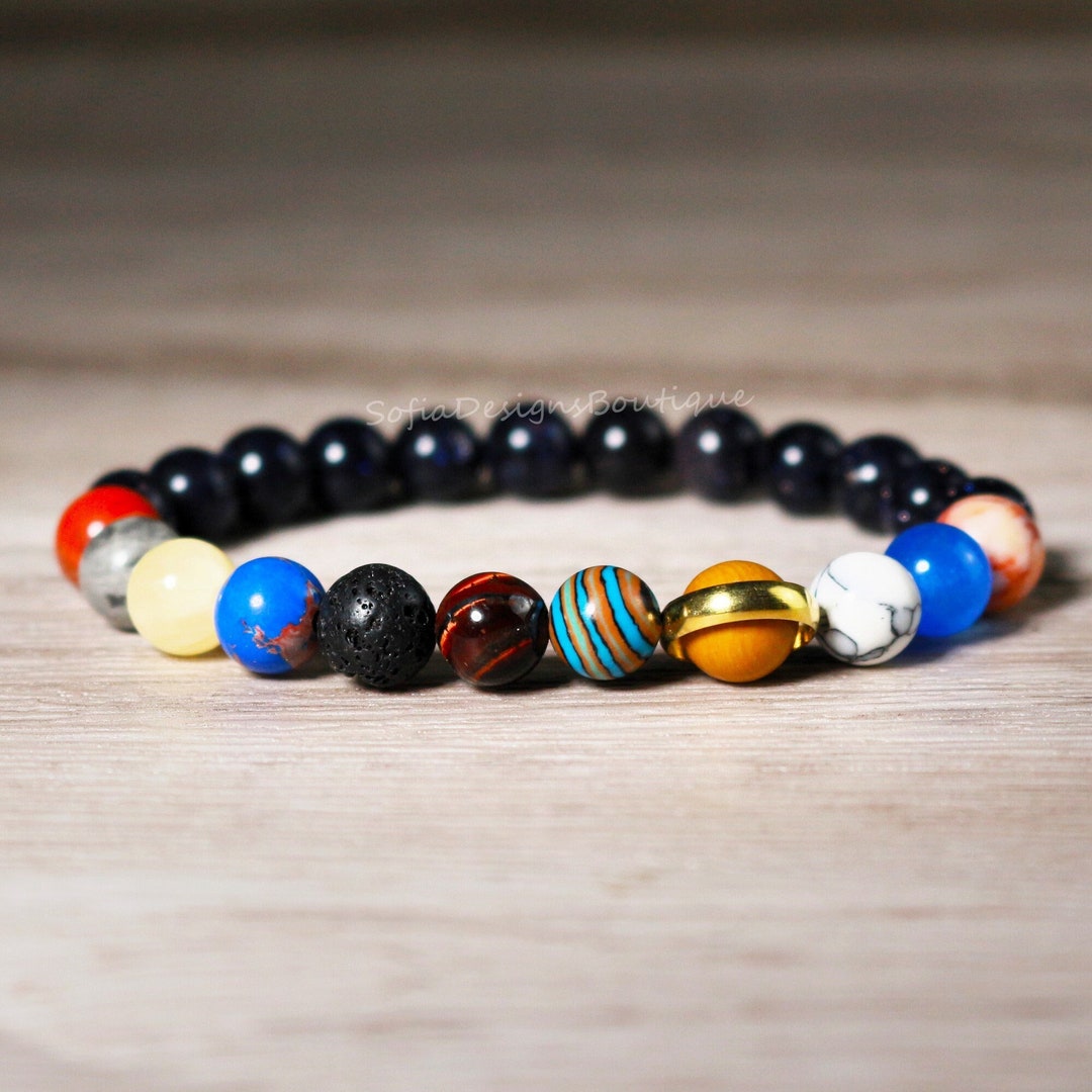 Galaxy Space Planets Beaded Bracelet Natural Goldstone Gemstone Bracelet Universe Solar System ...