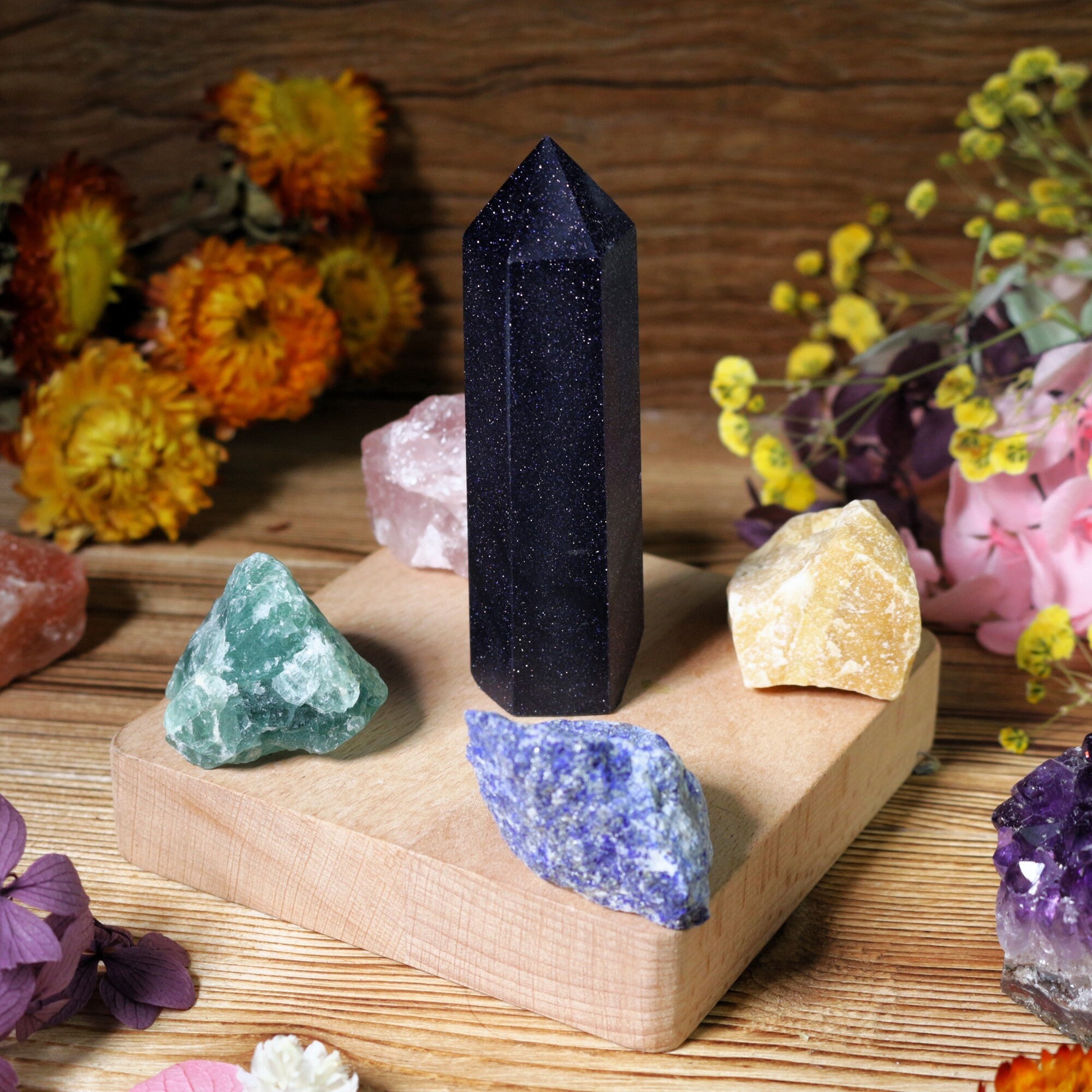 Blue Goldstone Stone Tower - Blue Sandstone Single Point Crystal Wand ...
