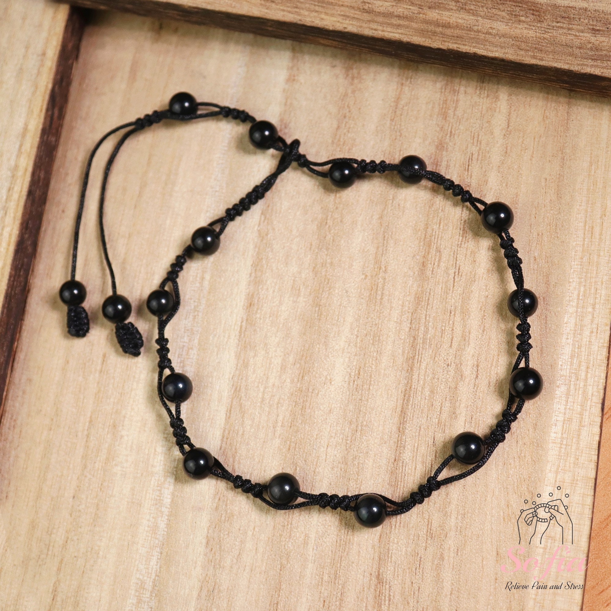 Obsidian Stone Anklet Bracelet - Natural Black Gemstone Crystal Braided ...