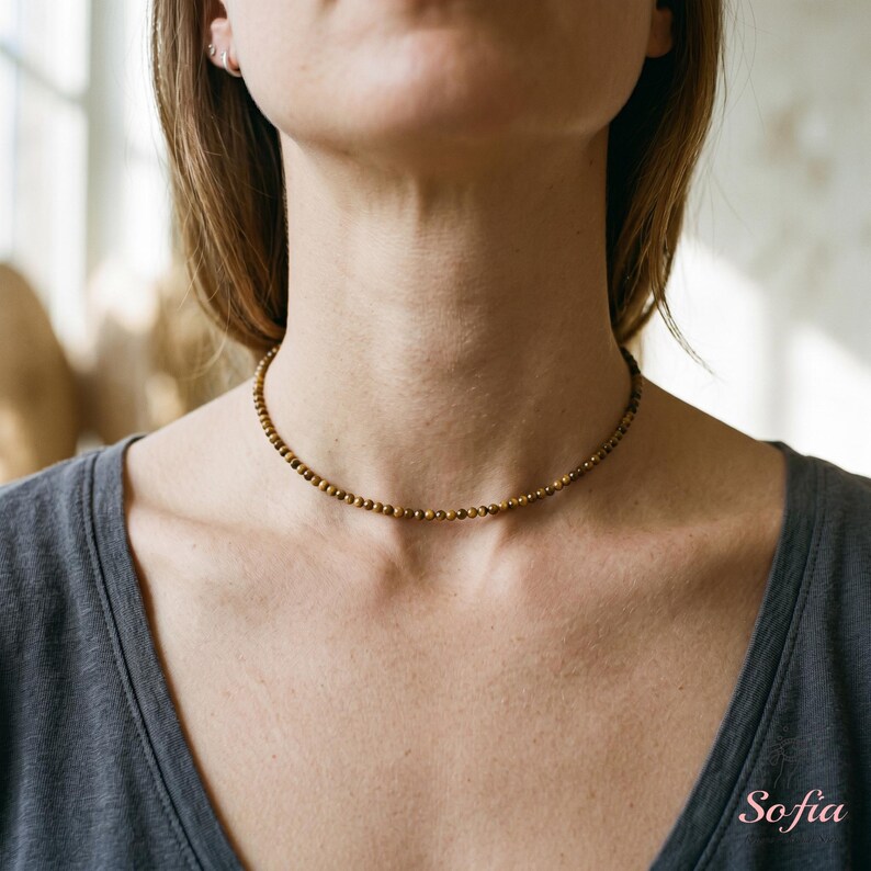 Tigers Eye Choker, Dainty Waterproof Beaded Necklace, Birthstone ...