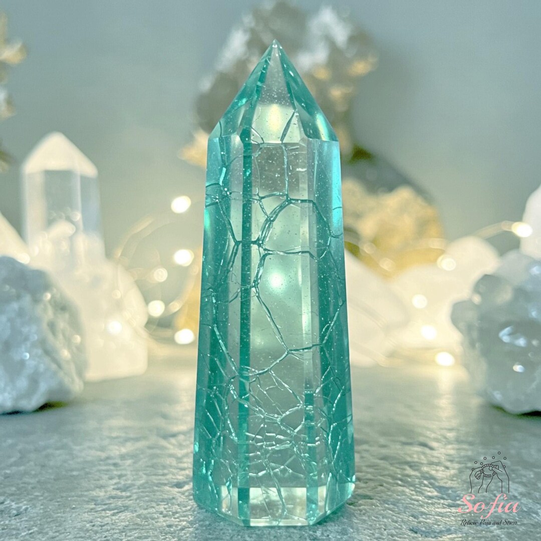 Blue Crackle Glass Gemstone Tower - Blue Stone Crystal Single Point ...