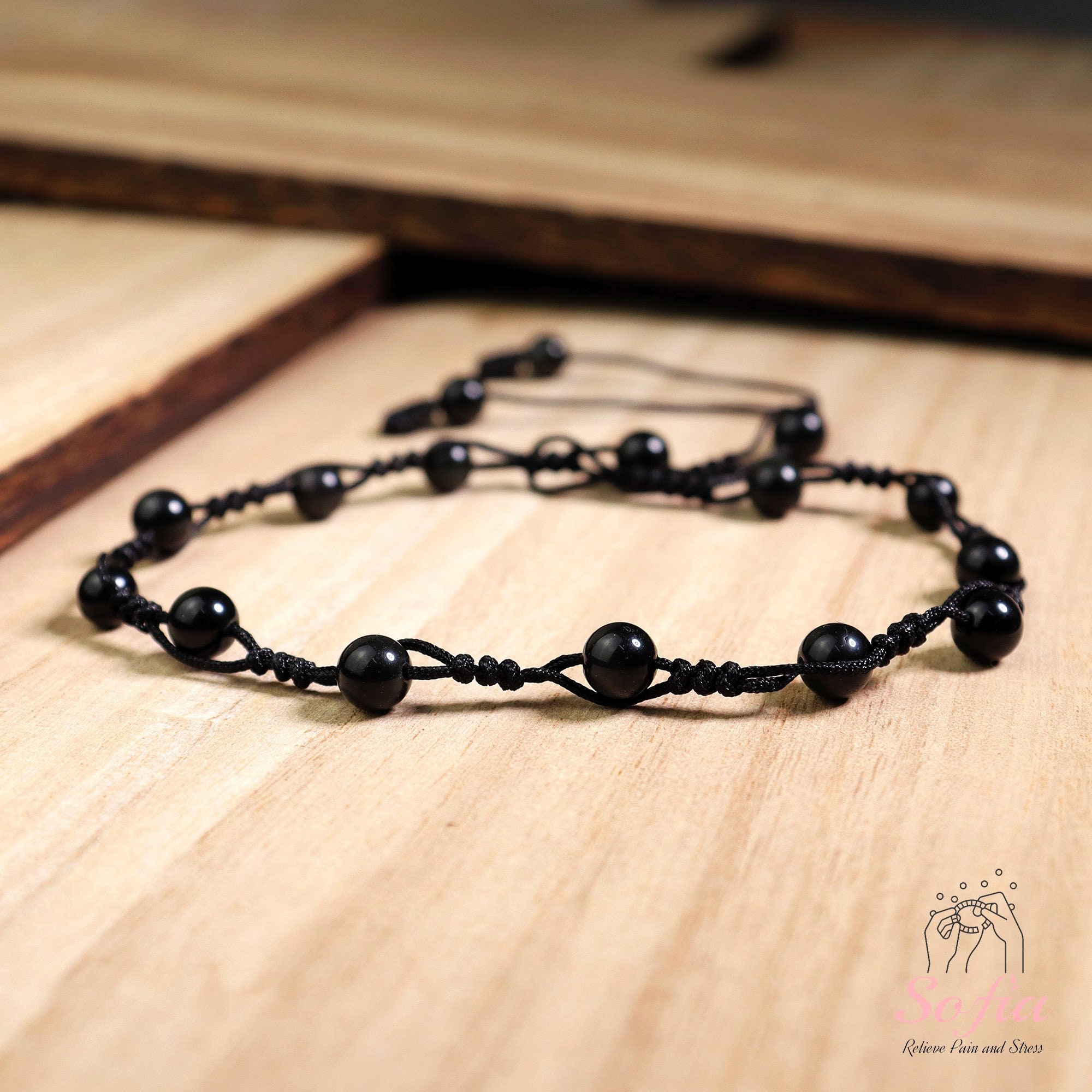 Obsidian Stone Anklet Bracelet - Natural Black Gemstone Crystal Braided ...