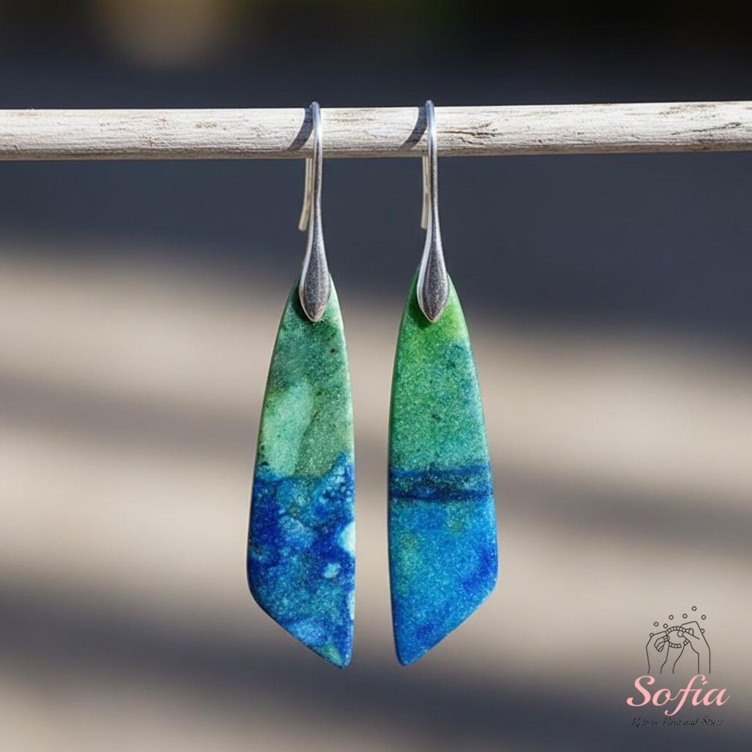 Azurite Earrings - Blue Green Stone Drop Earrings - Bohemian Chakra ...