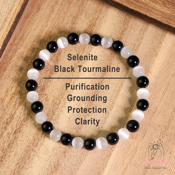 Empath Protection Bracelet 6mm Black Tourmaline Selenite Stone Bracelet Healing Bracelet Gift for Her Gift for Him Christmas Gift Etsy