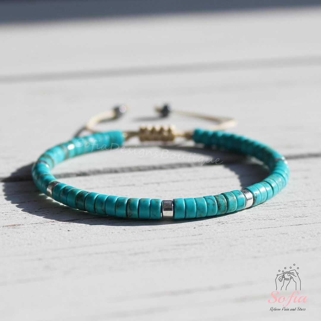 Natural Turquoise Stone Bracelet - Blue Barrel Gemstone Dainty Bracelet ...