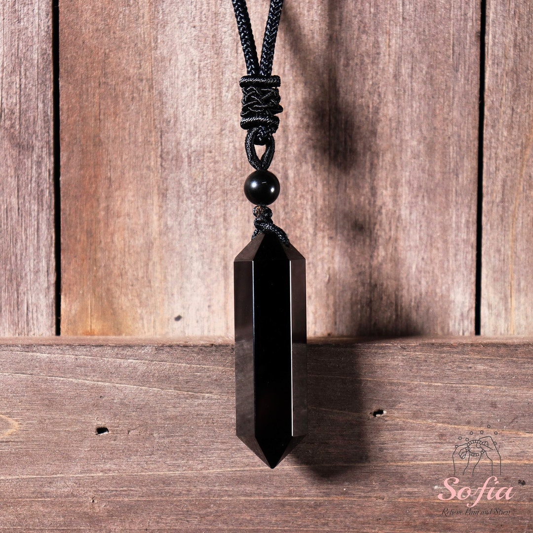 Obsidian Wand Pendant - Natural Black Obsidian Gemstone Crystal Charm ...