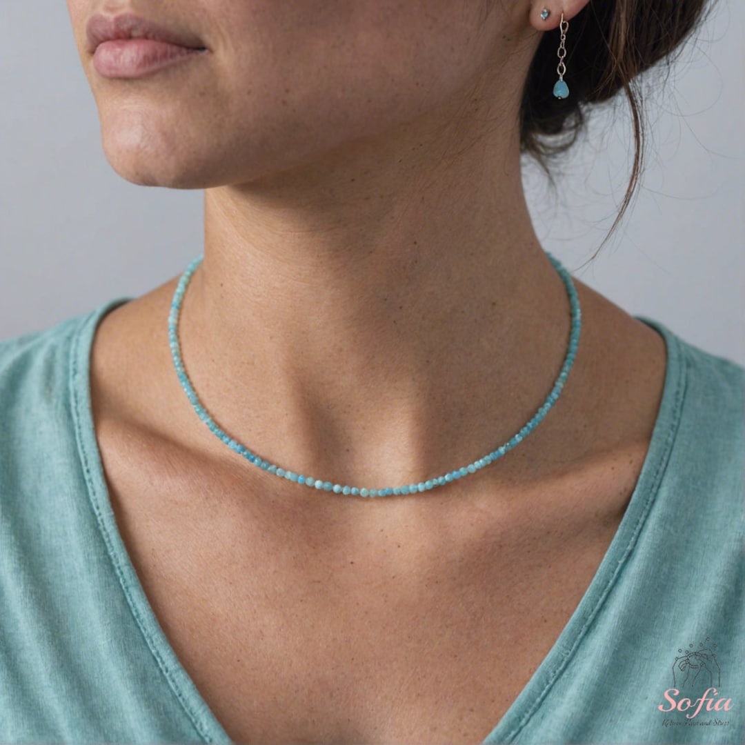 Larimar Choker, Stone Beaded Necklace Blue Crystal Choker, Larimar ...