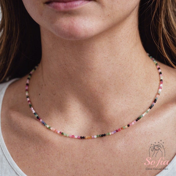 Rainbow Tourmaline Choker Stone Beaded Necklace Rainbow Crystal Choker Tourmaline Necklace Birthstone Necklace Dainty Jewelry Gift for Her Etsy