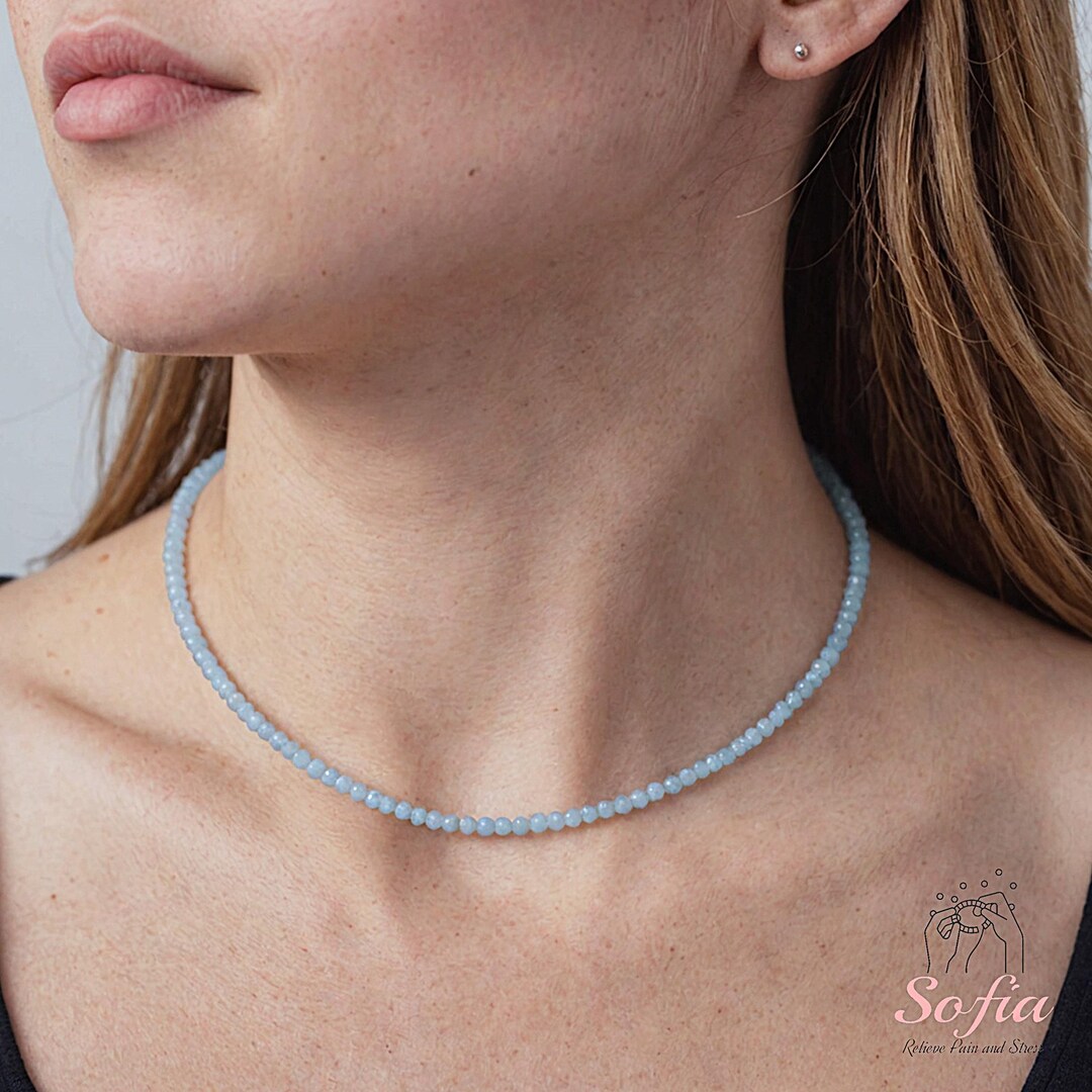 Angelite Choker, Stone Beaded Necklace Light Blue Crystal Choker ...