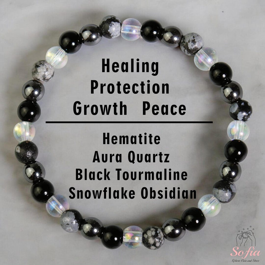 Healing Protection Bracelet - 6mm Hematite Black Tourmaline Beaded ...