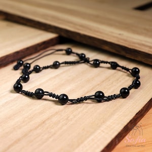 Obsidian Stone Anklet Bracelet - Natural Black Gemstone Crystal Braided ...