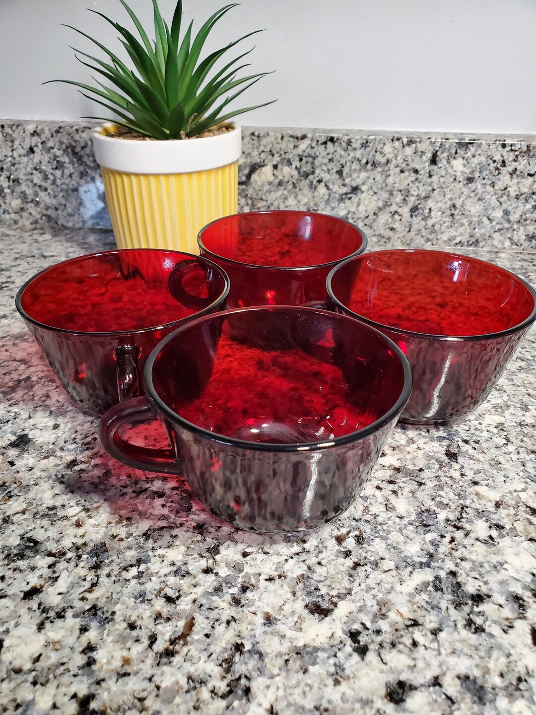 Vintage Ruby Red Glass Set of 4 Mugs Arcoroc France Collectible ...