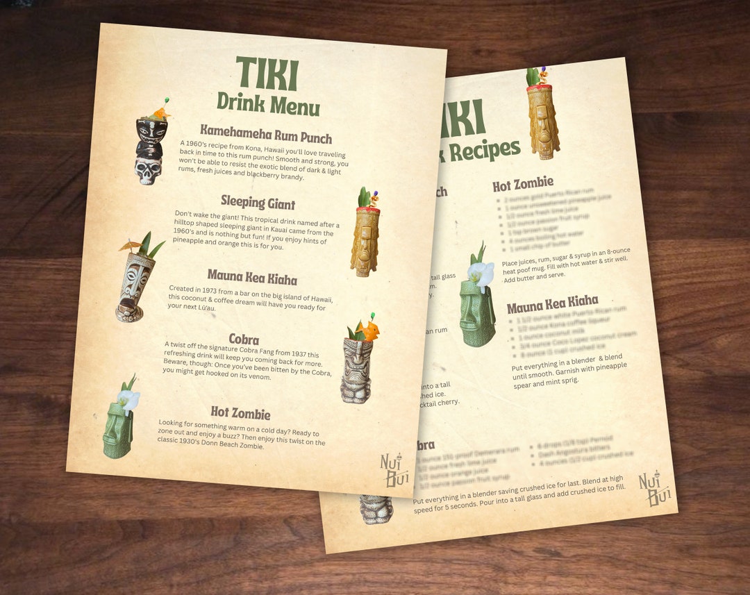 Printable Drink Menu and Recipe Printout for Tiki Bar - Tropical Drink ...