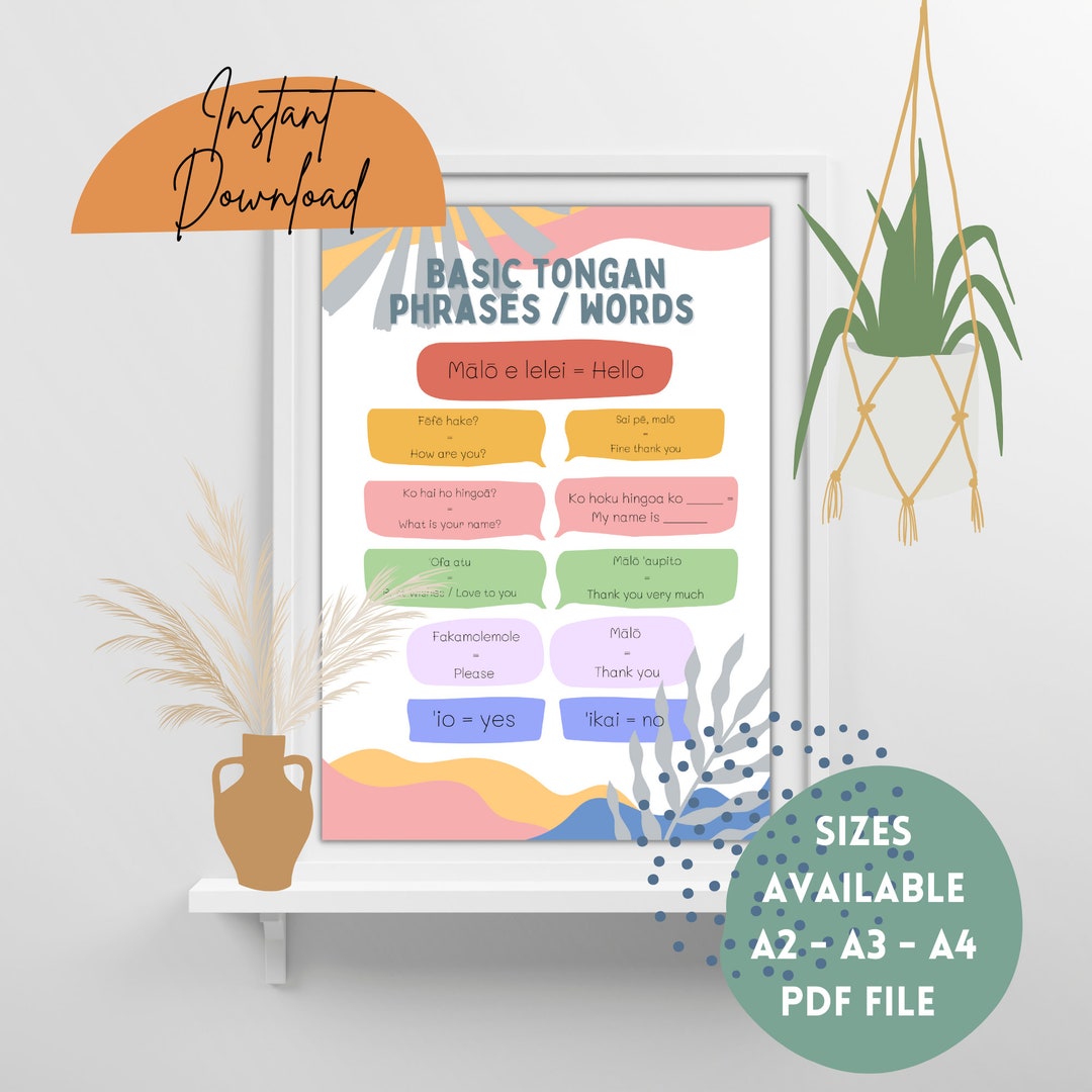 Tongan Basic Language & Words Poster - Digital File PDF - A2, A3, A4 ...