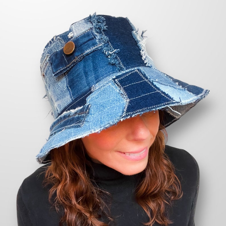 Denim Bucket Hat Wide Brim Hat Upcycled Clothing Denim Hat Bucket Hat Women Unique Hat BOHO Hat ...
