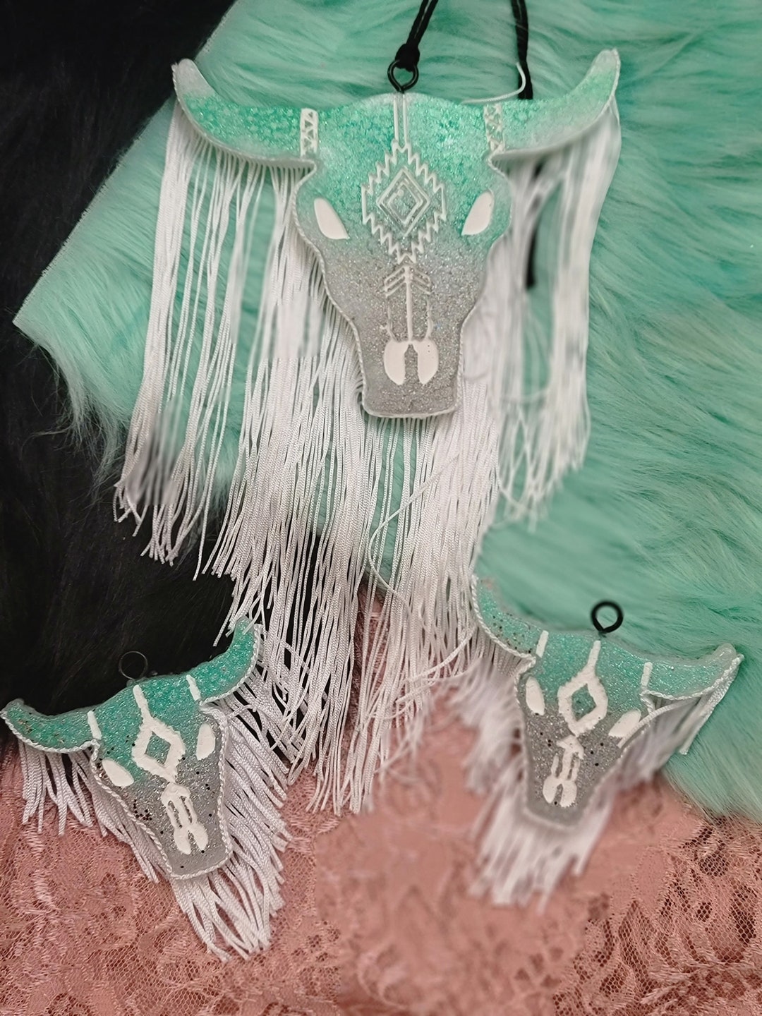 Teal and Silver Bull Skull Freshie, Western Freshie, Cow, Aztec ...