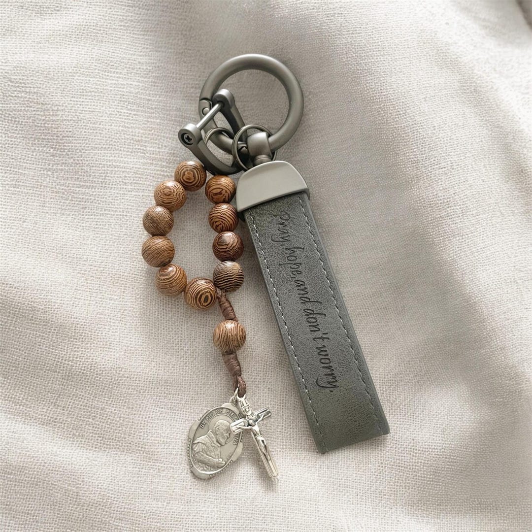 Saint Padre Pio Rosary Keychain With Wood Beads One Decade Chaplet ...