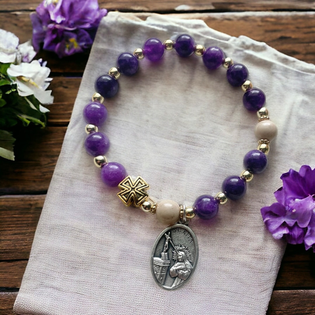 Saint Rita Rosary Bracelet Made With Purple Stone Beads and Stretch ...