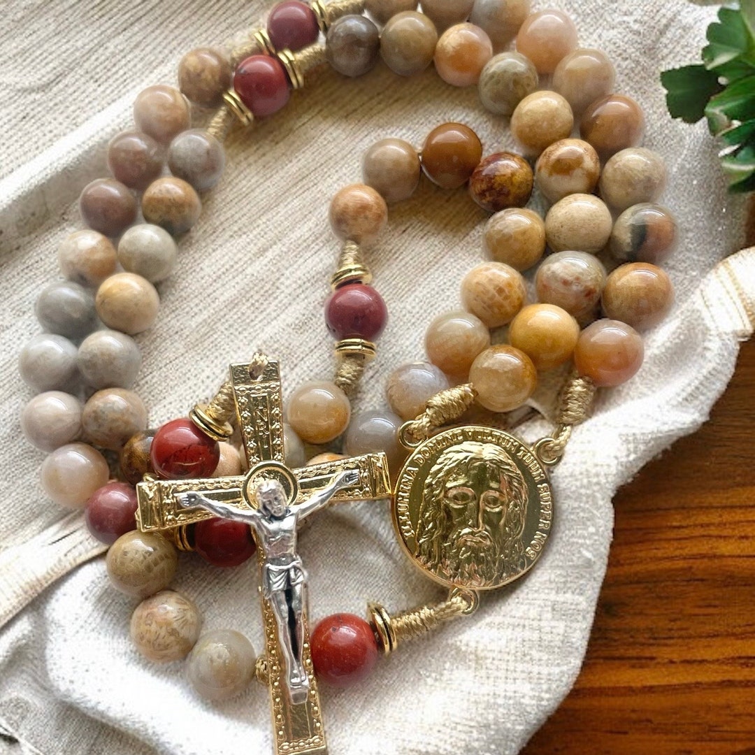 Holy Face Handmade Rosary With Brown Jasper Stone Beads Durable Cord ...