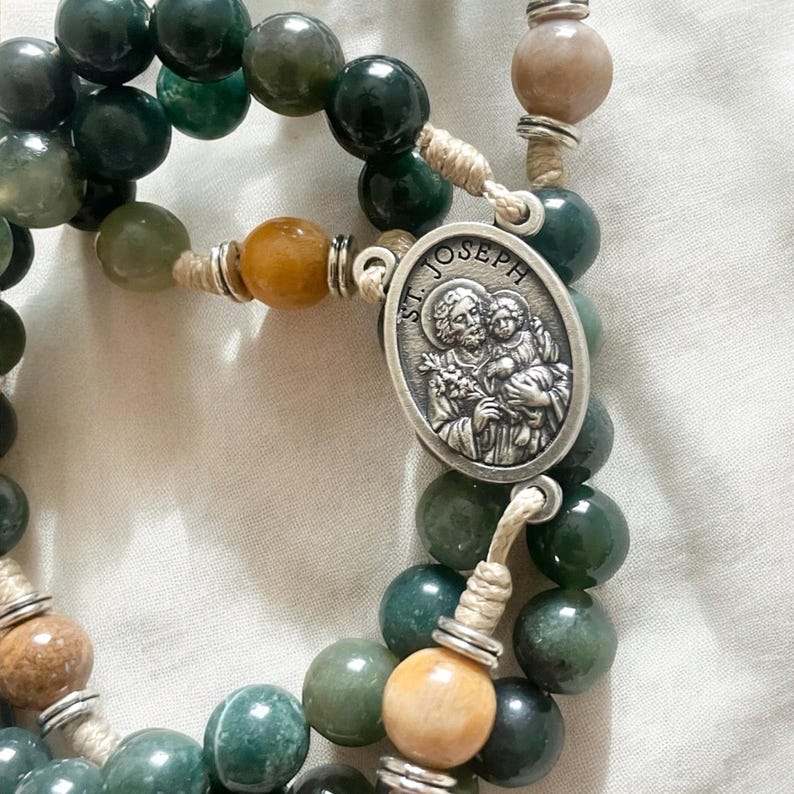St. Joseph Rosay With Pardon Crucifix: Moss Agate Beads, Durable Cord ...