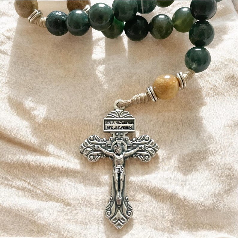 St. Joseph Rosay With Pardon Crucifix: Moss Agate Beads, Durable Cord ...