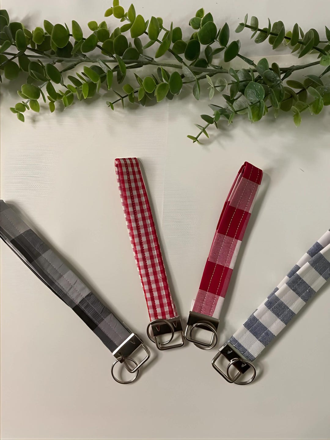 Handmade Fabric Key Fobs Stripe and Gingham Keychain Wristlet Red ...