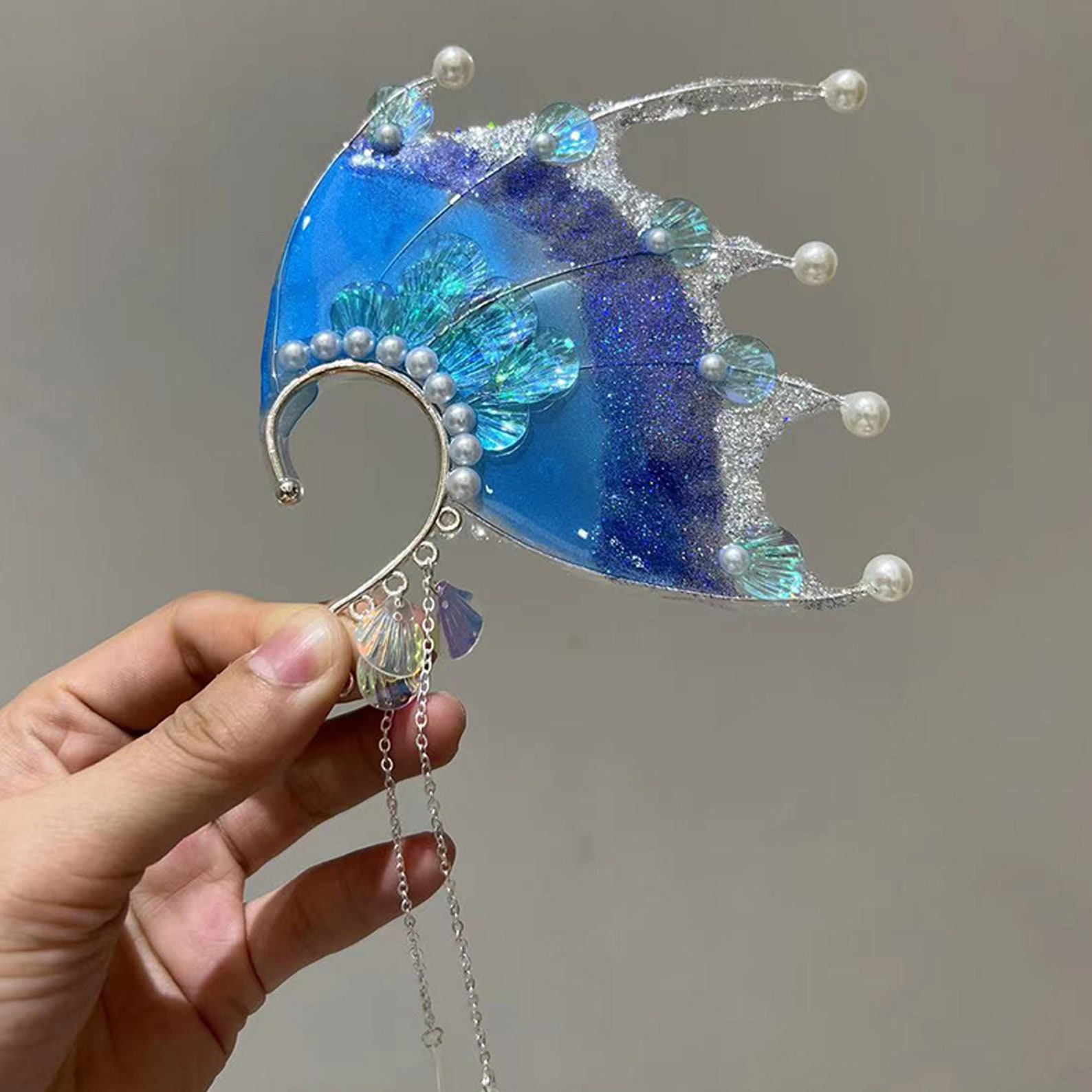 Blue Mermaid Earring Sea Shell Fairy Ears Elven Ears Earcuffs - Etsy