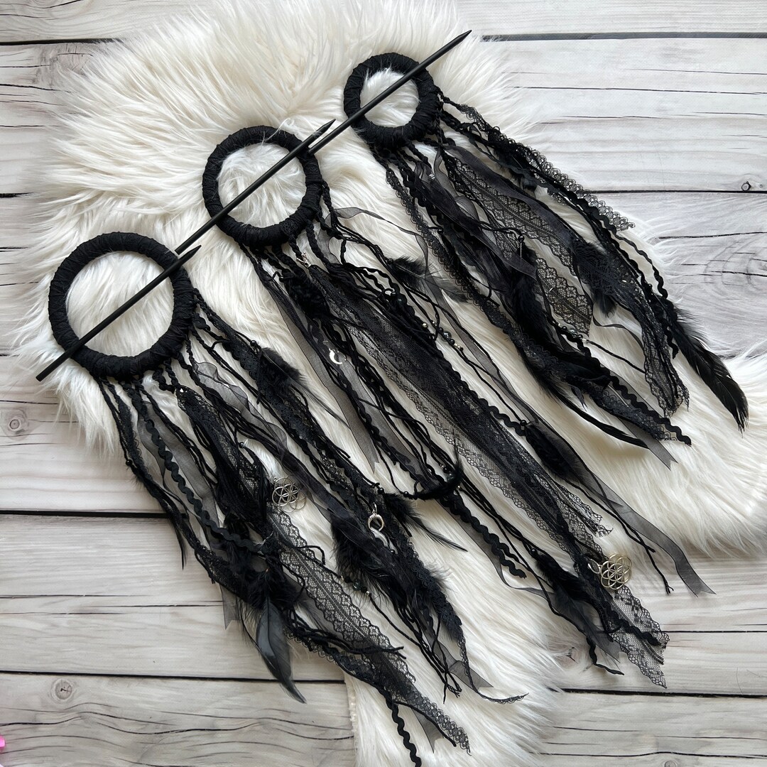 Black Dreadlock Hairpin Ring With Feathers Lace and Decorative Elements ...