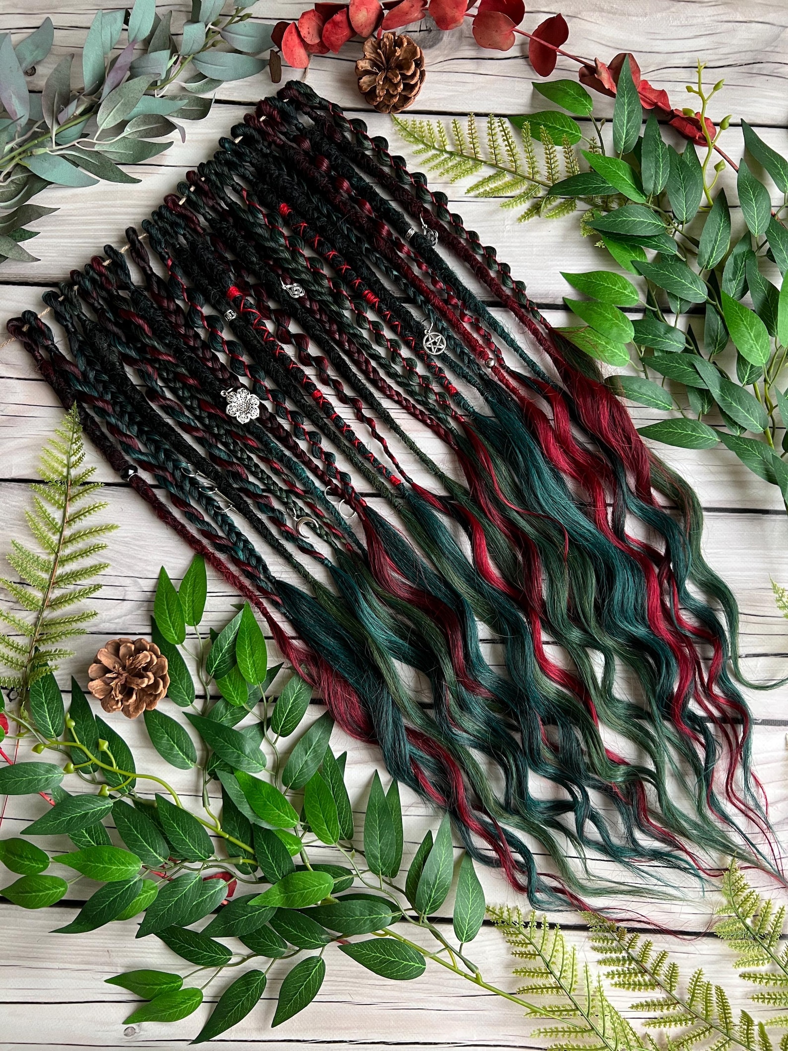 Witch Dreadlock Extensions: Burgundy Green Synthetic Braids With Charms ...
