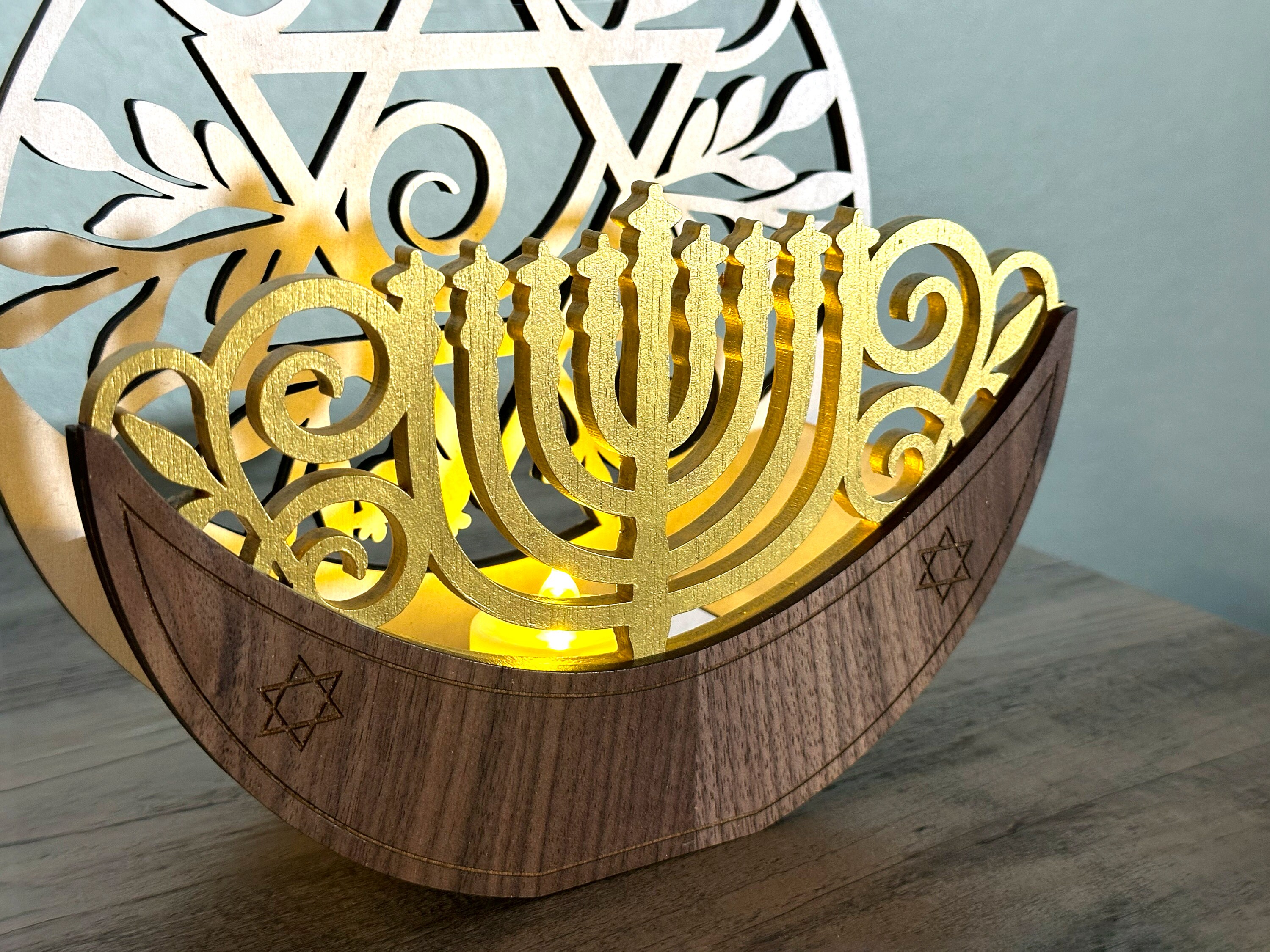 Menorah Lantern Laser Cut and Hand Painted With Walnut Front. Suitable ...