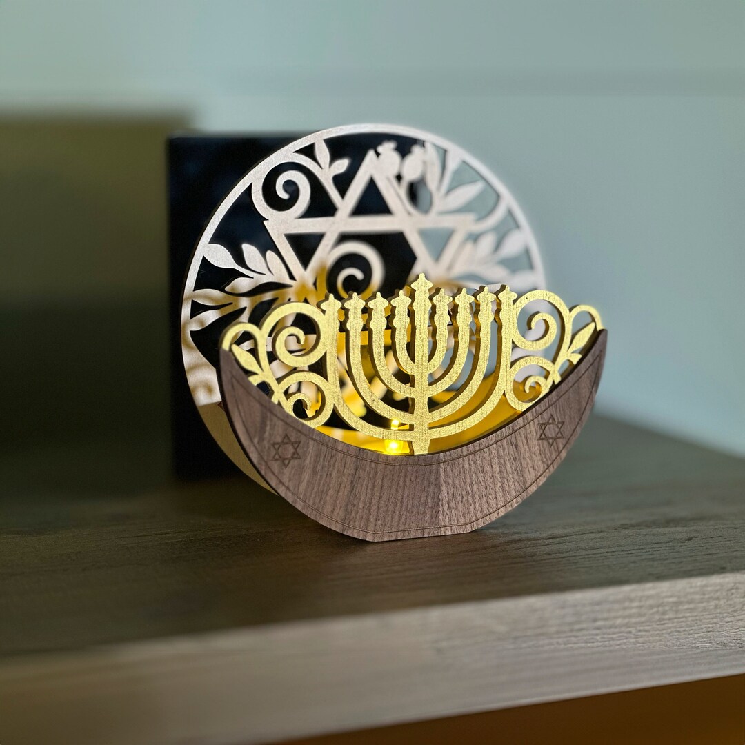 Menorah Lantern Laser Cut and Hand Painted With Walnut Front. Suitable ...