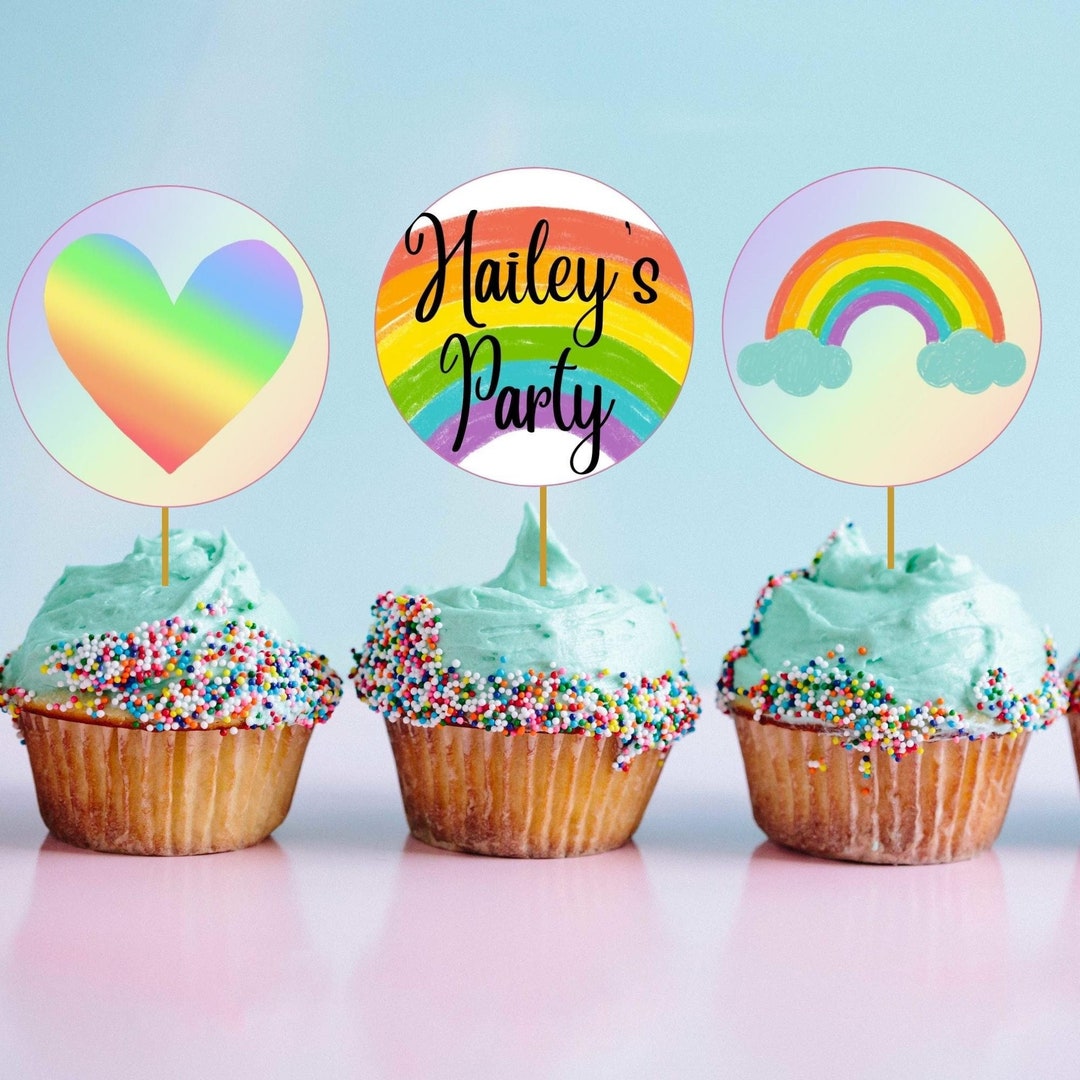 Rainbow Birthday Cupcake Toppers, Rainbow Cupcake Decor, Rainbow Party ...