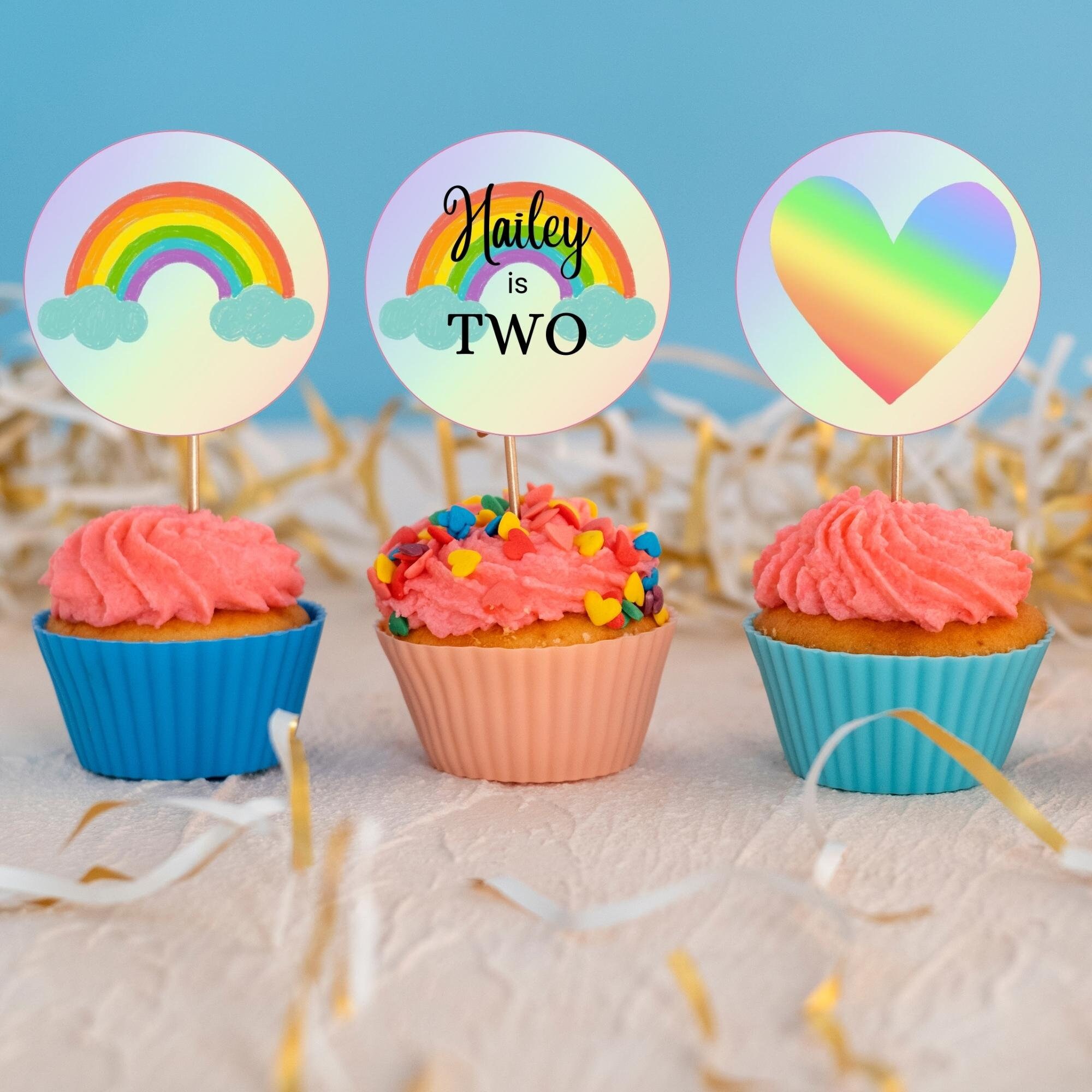 Rainbow Birthday Cupcake Toppers Rainbow Cupcake Decor - Etsy