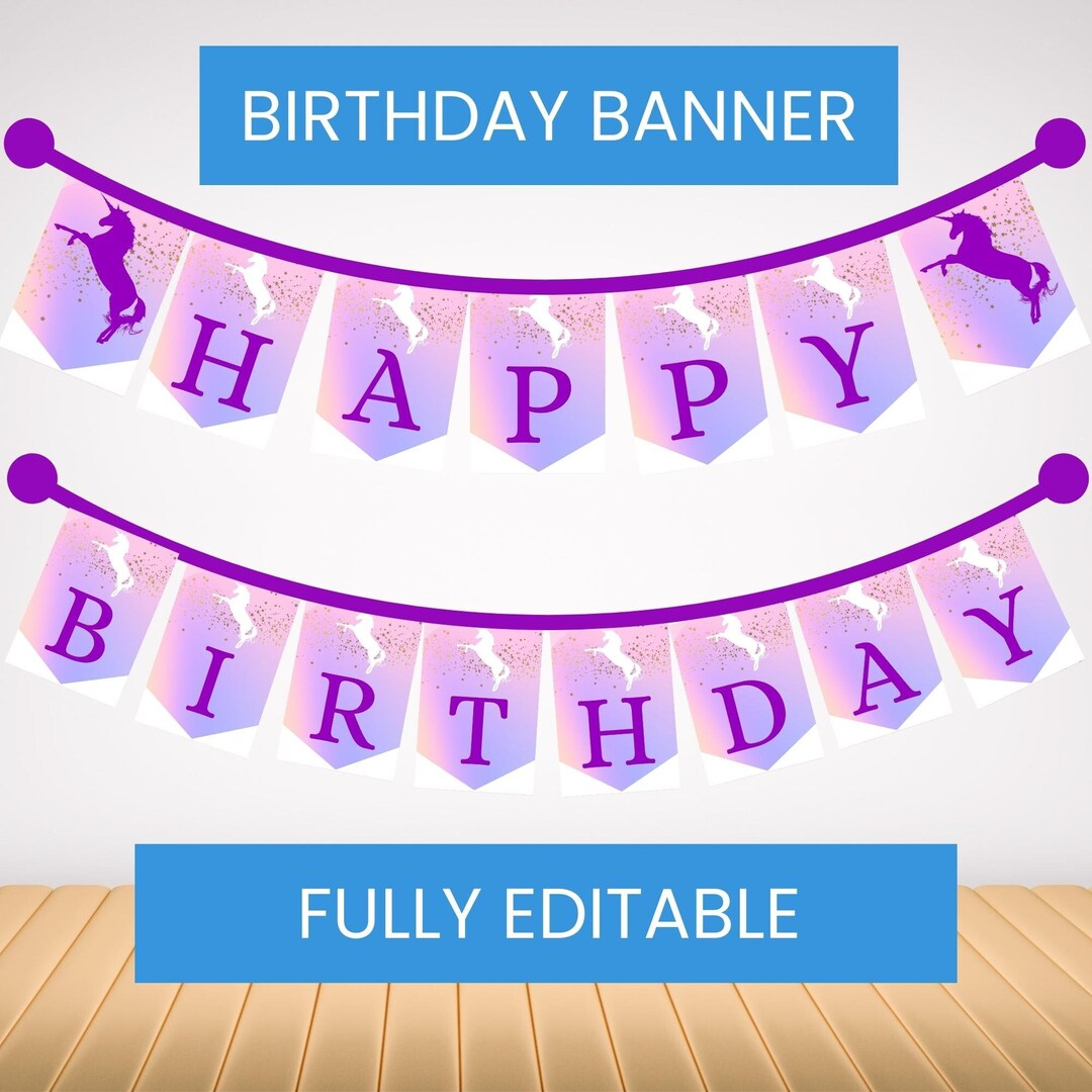 Unicorn Birthday Party Banner Template, Editable Unicorn Birthday ...