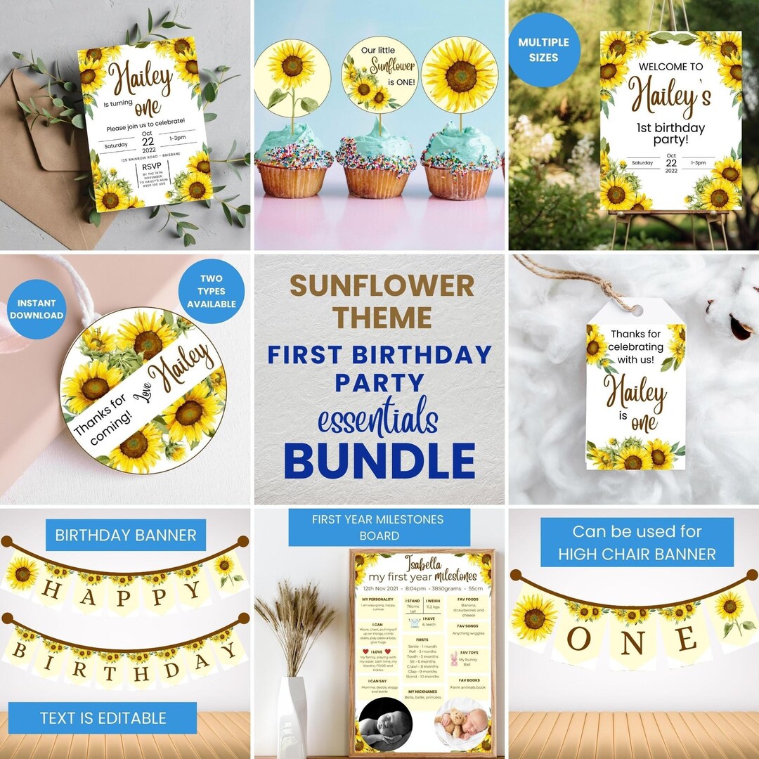 Sunflower First Birthday Party Bundle, Sunflower First Birthday Yellow ...