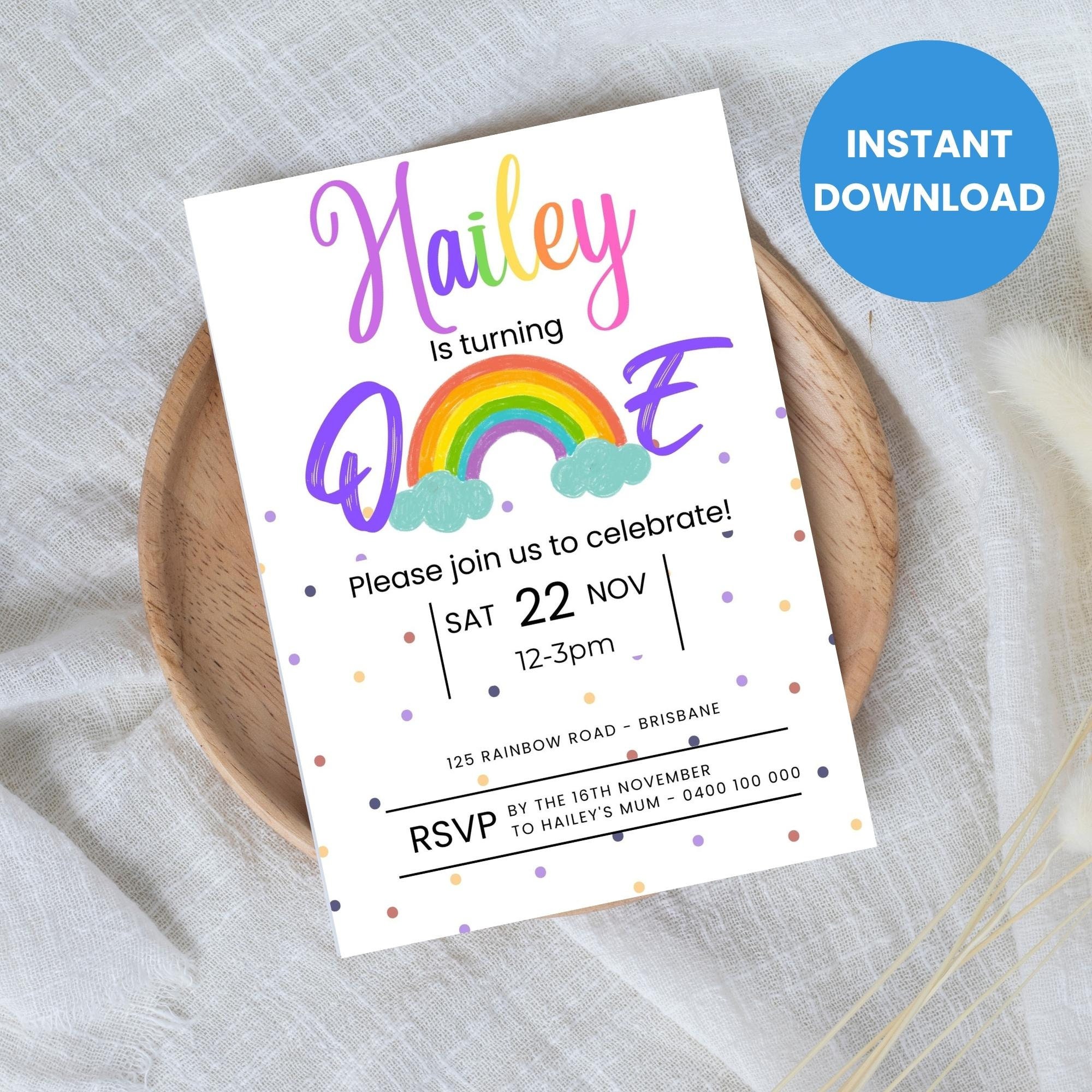 Rainbow First Birthday Invitation Template, Rainbow One Birthday Party, Girl First Birthday ...