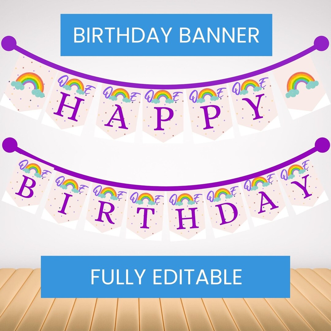 Rainbow First Birthday Banner Template, Rainbow One Happy Birthday ...