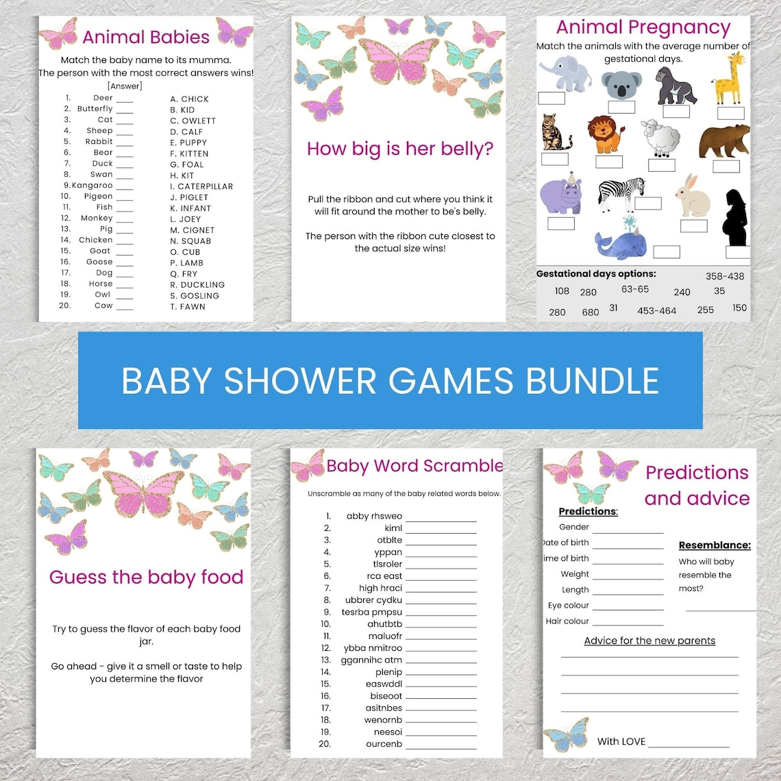 Butterfly Baby Shower Games Bundle, Editable Baby Shower Games Bundle ...