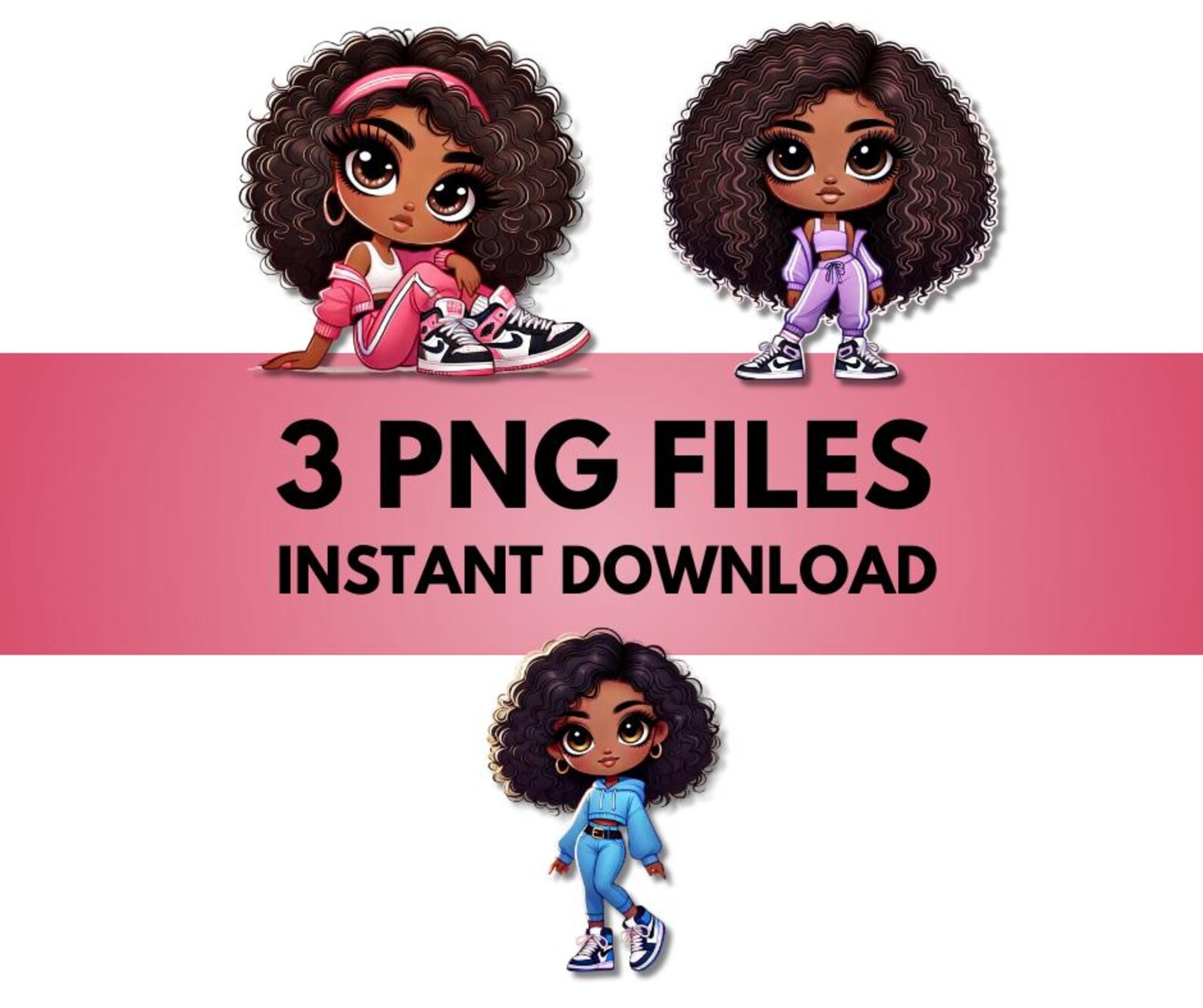 3 Black Girl in Sneakers Chibi Clipart PNG Image Black Girl Clipart ...