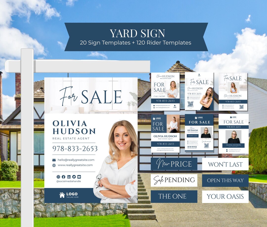 20 Real Estate Yard Signs & 120 Riders | for Sale Sign Template | Blue ...