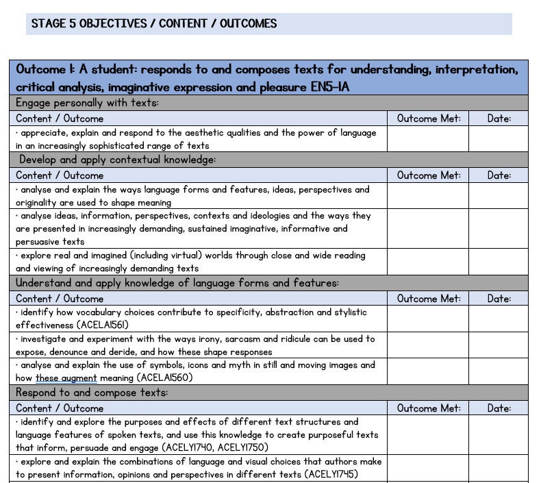NSW English Syllabus _ Content and Outcome Planner and Tracker Tool ...