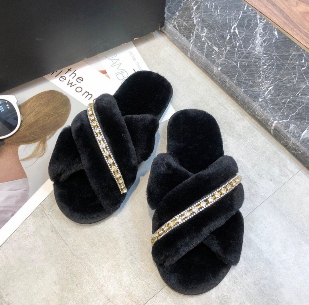Bling Slippers Rhinestone Faux Fur Plush Custom Design Slipper Wedding ...