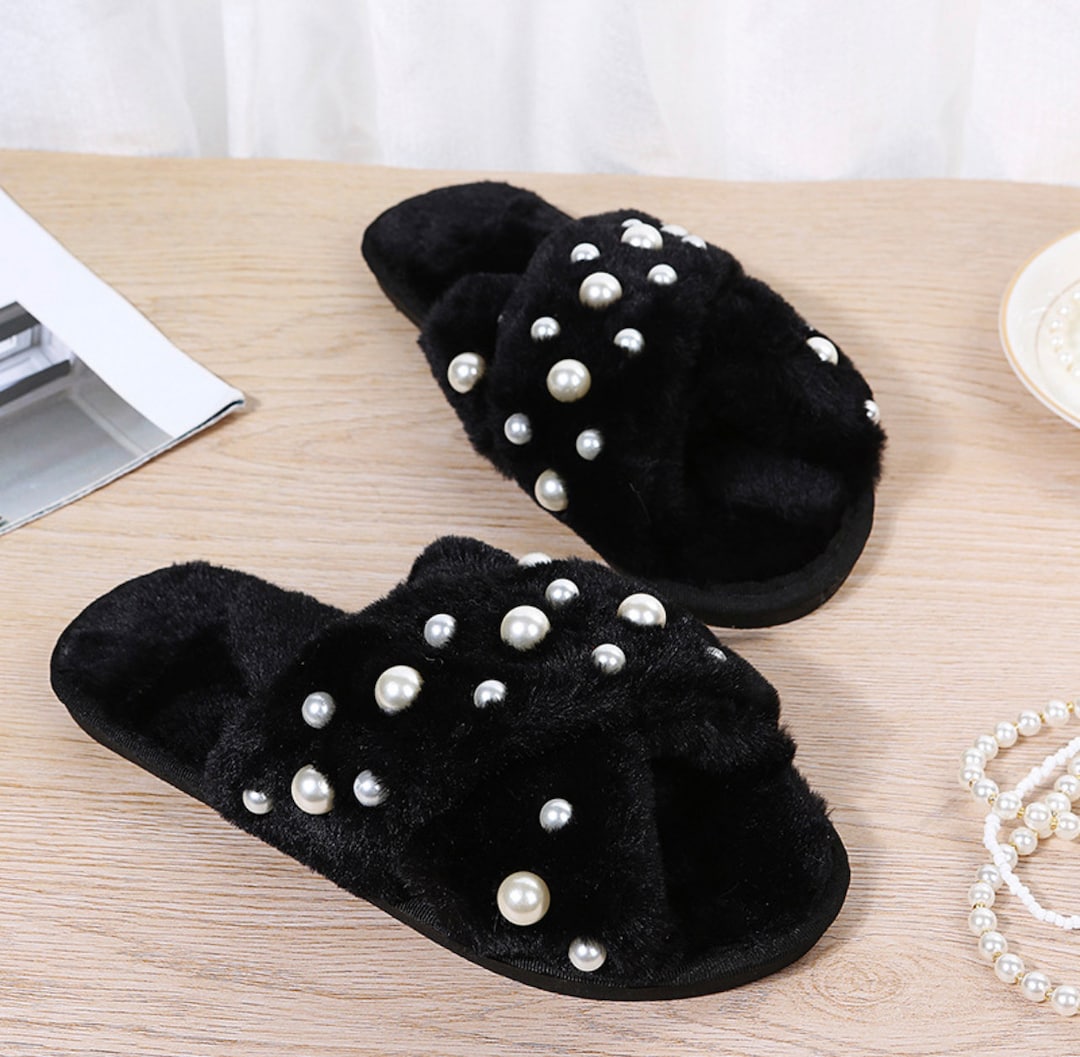 Pearl Faux Fur Plush Slipper Wedding Gift Slipper , Bachelorette Party ...