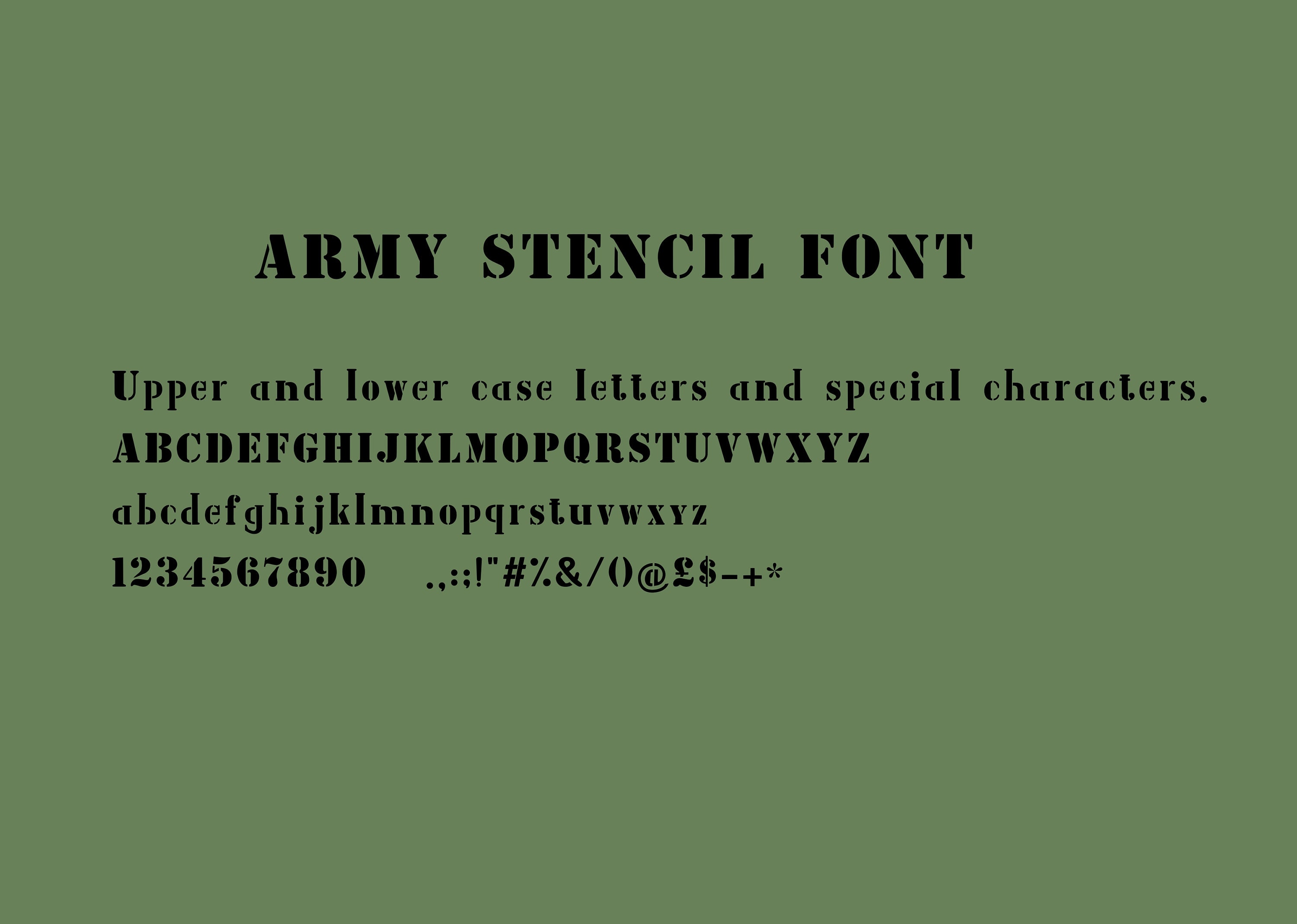 Army Stencil Font. Upper and Lower Case Letters, Numbers and Special ...
