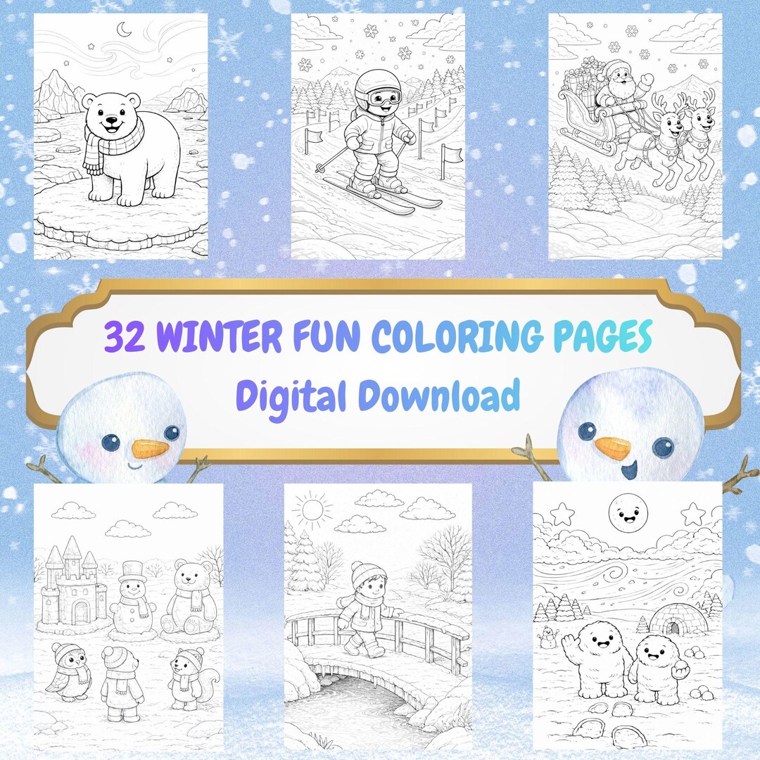 32 Winter Coloring Pages for Kids, Winter Fun Coloring Book, Santa ...
