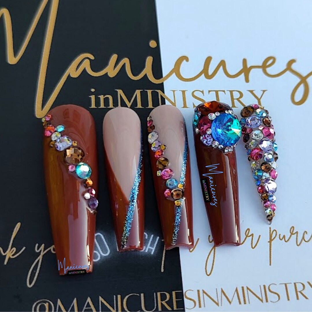XL Coffin and Stiletto Press on Nails | Brown Nails | French Tip Nails ...