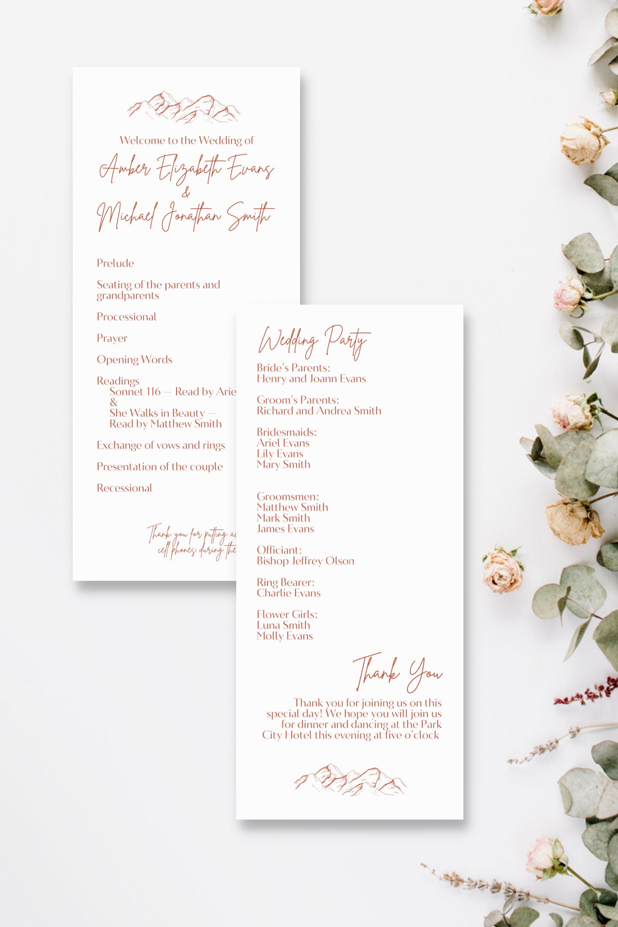 Mountain Wedding Program Template | Elegant Boho Design | Easy-to-customize Printable ...